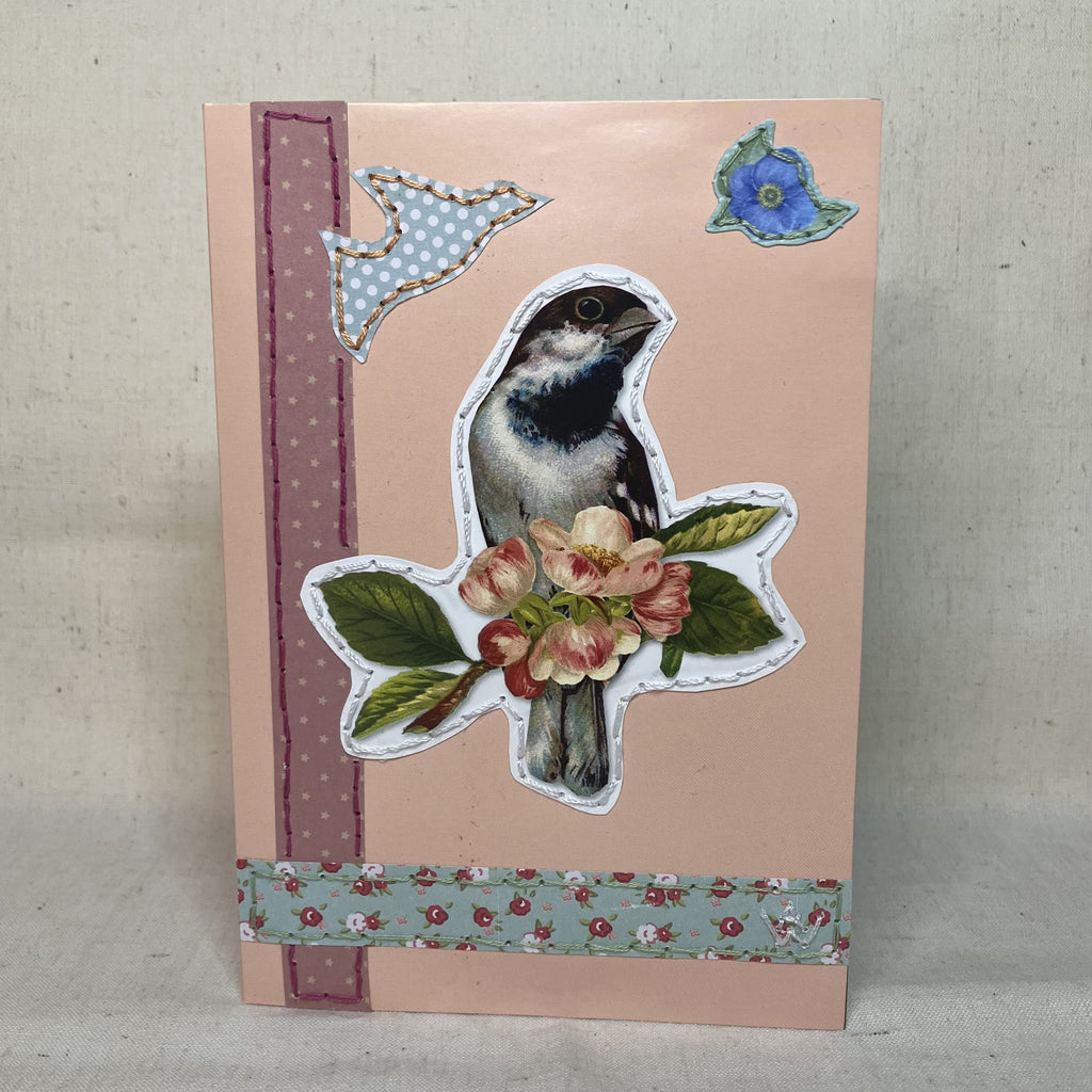 Handmade Vintage Bird Card – Colorful Flowers & Hand Embroidery